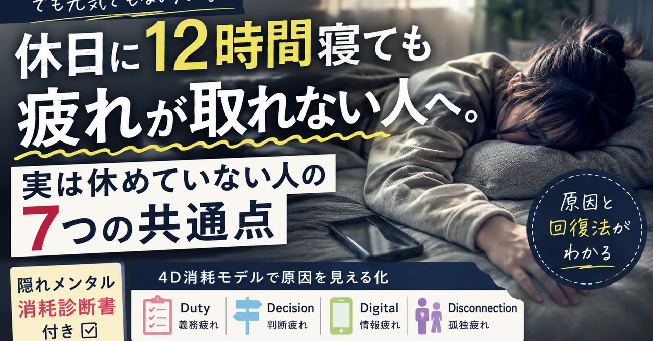 休日に12時間寝ても疲れが取れない人へ。実は休めていない人の7つの共通点うつではない。でも元気でもない人のための「隠れメンタル消耗診断書」｜るみな