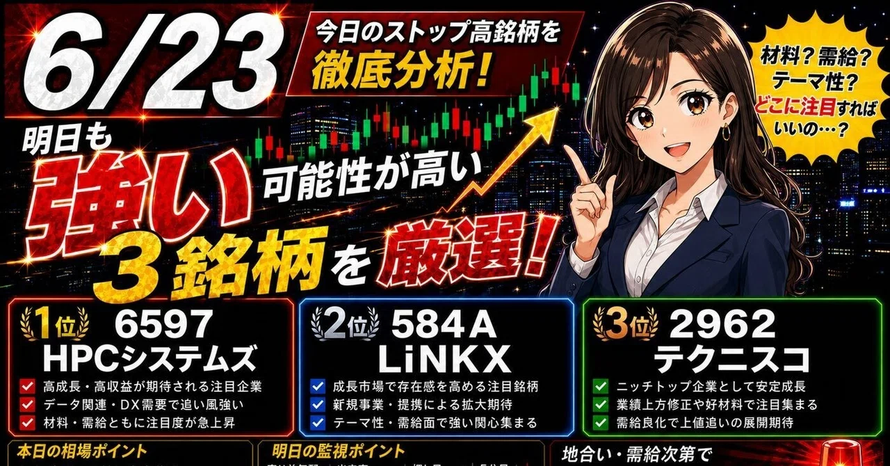 6月23日ストップ高分析｜HPCシステムズ・LiNKX・テクニスコに資金集中、明日も強い銘柄は？｜株価マーケット数値研究所