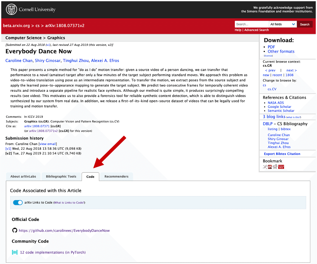 「Papers with Code」と「arXiv」が提携。arXiv掲載論文のページ内にコードタブが新設されています。｜Sangmin Ahn