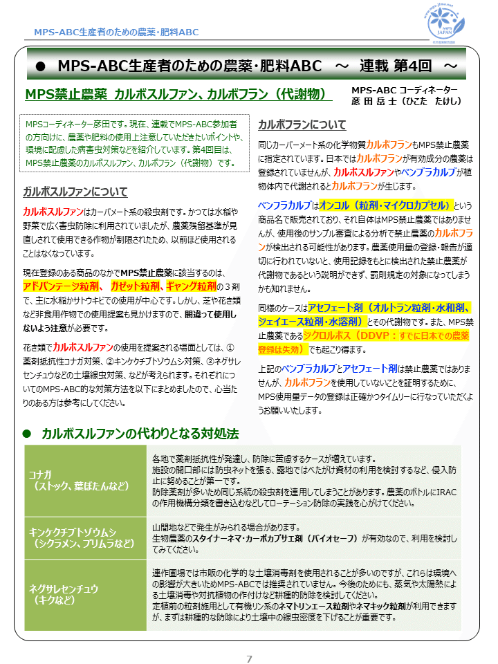 MPS-ABCで禁止されている農薬『カルボスルファン』『カルボフラン』（代謝物）』｜MPSジャパン