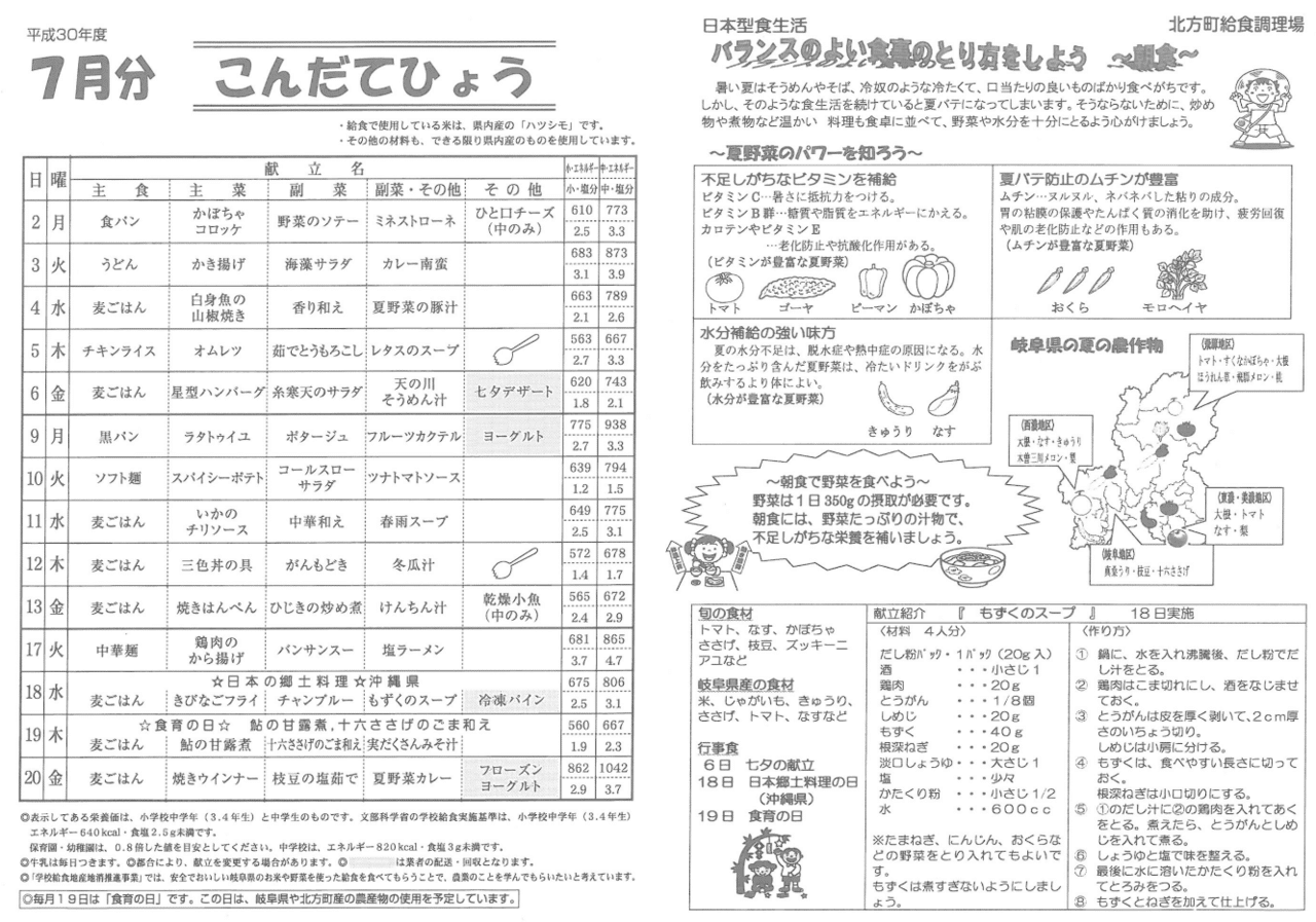 北方町給食調理場「こんだてひょう（平成30年7月）」｜岐阜県北方町役場（2018年7月）： （ムチンが豊富な夏野菜） おくら モロヘイヤ ...
