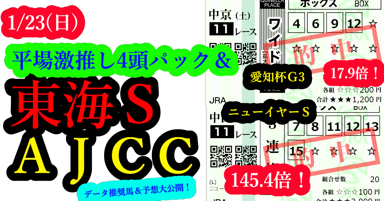 平場激推し馬4頭パック「馬主×騎手」1/23(日)分！更にAJCC＆東海S予想&データ推奨馬を大公開！先週愛知杯G3はワイド17.9倍的中！先々週は土曜中山11RニューイヤーS馬連17.5倍 ...