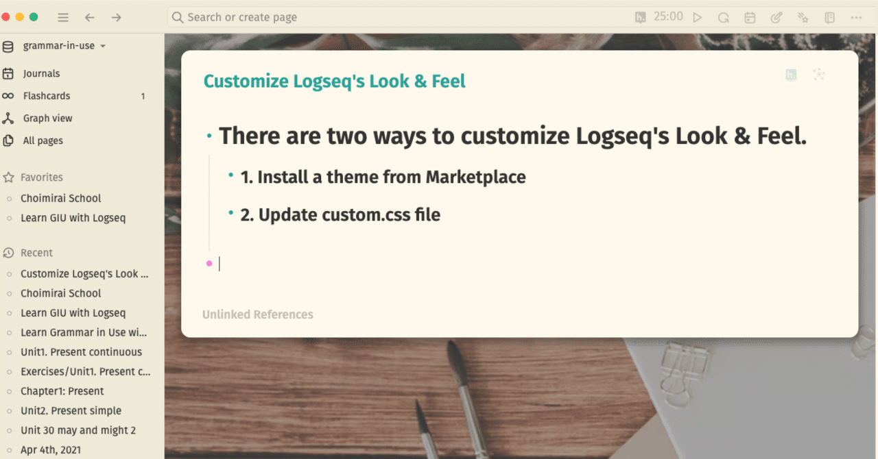 Logseq（ログシーク）の外見を変更する方法、その①：custom.cssを書く・修正する｜Sangmin Ahn