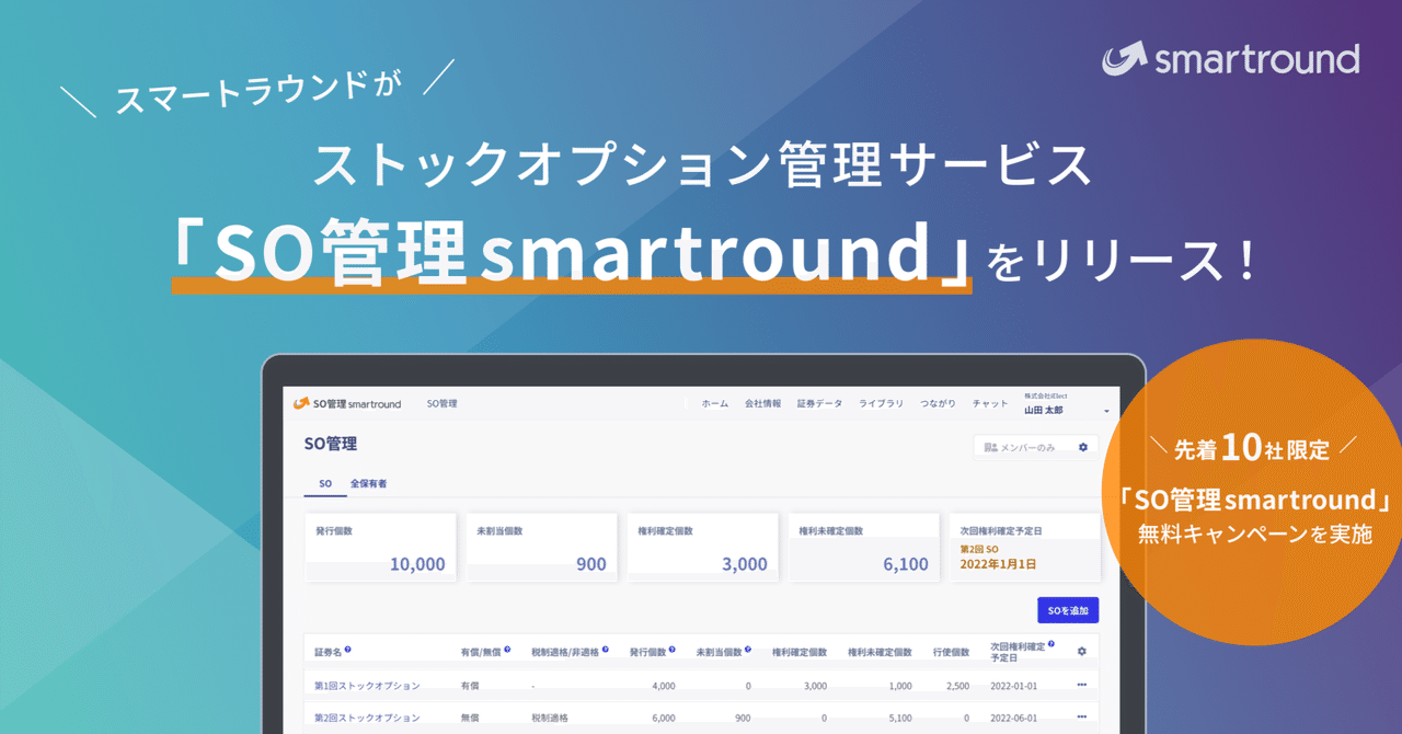 【新機能】ストックオプション管理サービス「SO管理smartround」をリリース！｜スマートラウンド