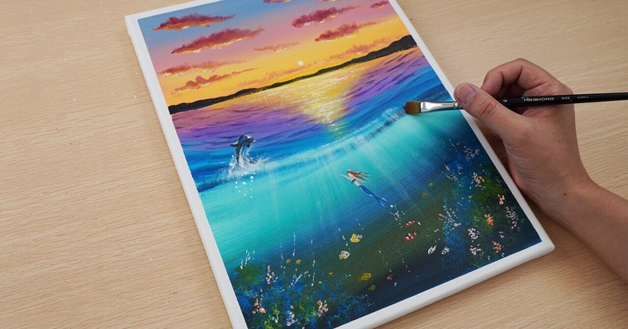 アクリル絵の具で「夕日と海」を描いてみた｜junya_art