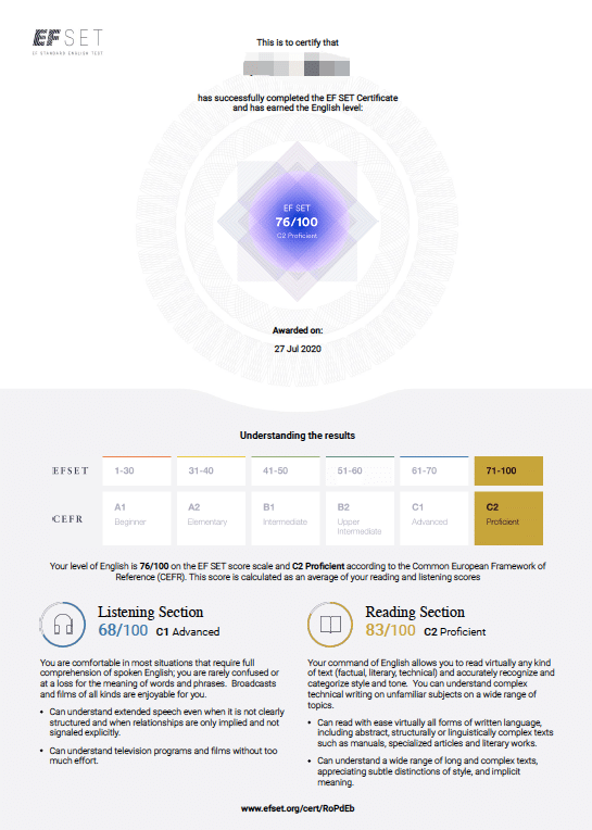 2020年にEF SET※を受験したの忘れてたけどC2獲れてた！一瞬スゲェと思ったがWritingとSpeakingがないからだ...4技能で ...