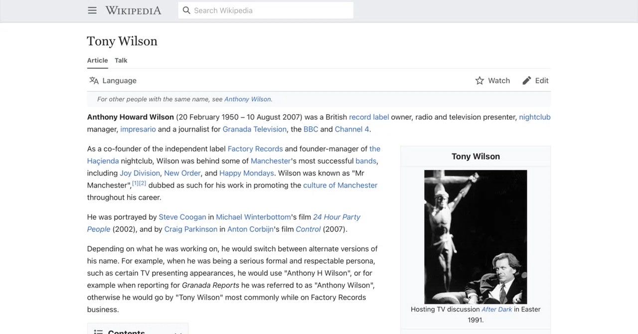 【トニー・ウィルソン】英語版ウィキペディアを日本語で読む【Tony Wilson】｜英語de洋楽（英語でAI／英語で洋楽）