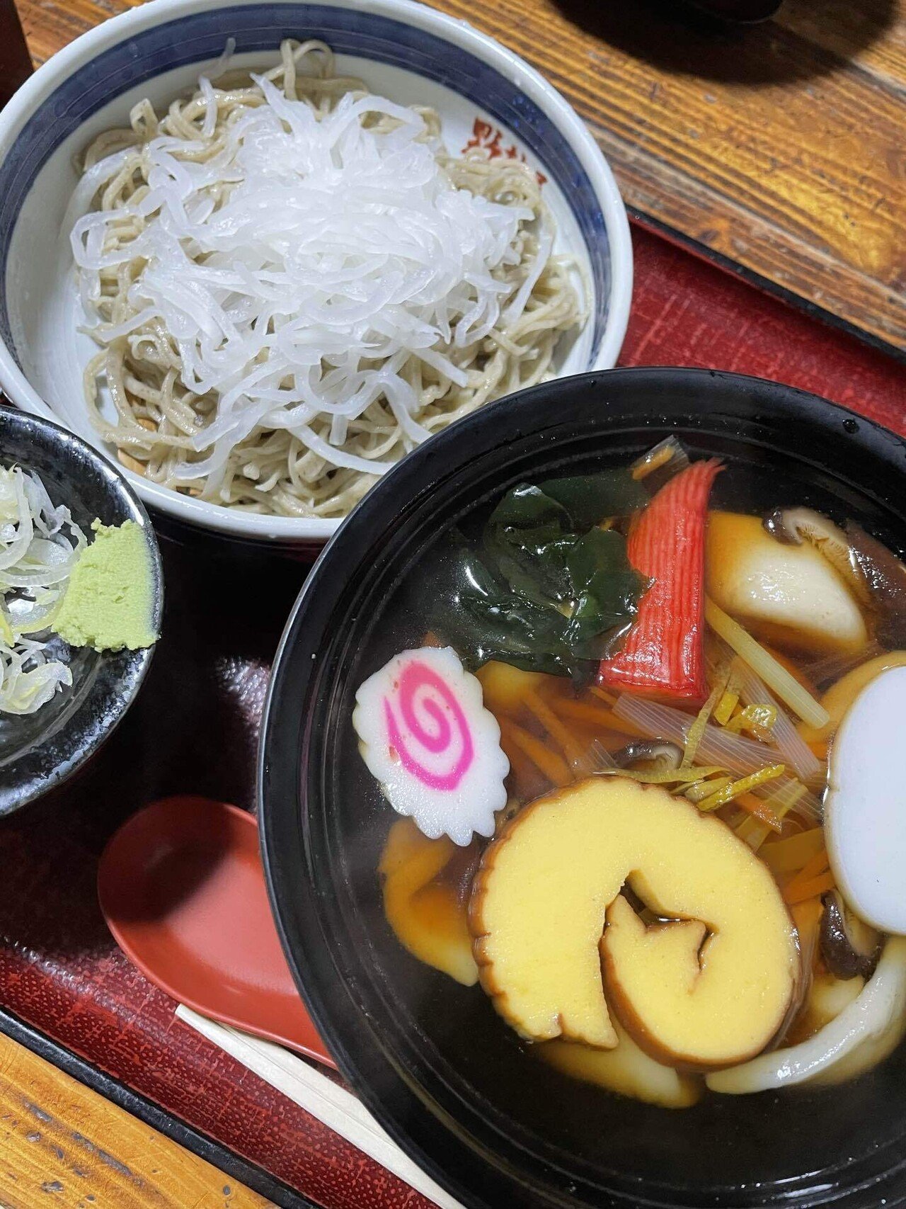 Daikon soba, buckwheat noodles with shredded daikon and mimi udon, ear ...
