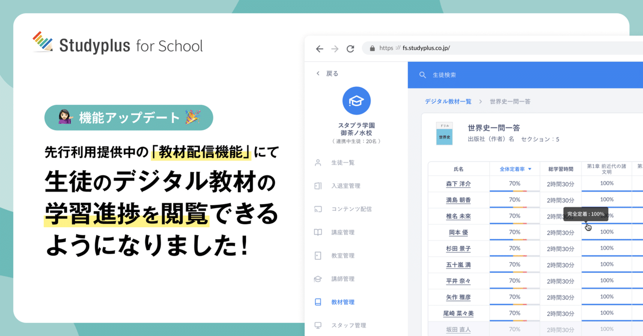 【機能アップデート】教材配信システムにて、デジタル教材の生徒の学習進捗を、先生が閲覧できるようになりました！｜【公式】Studyplus for School マガジン