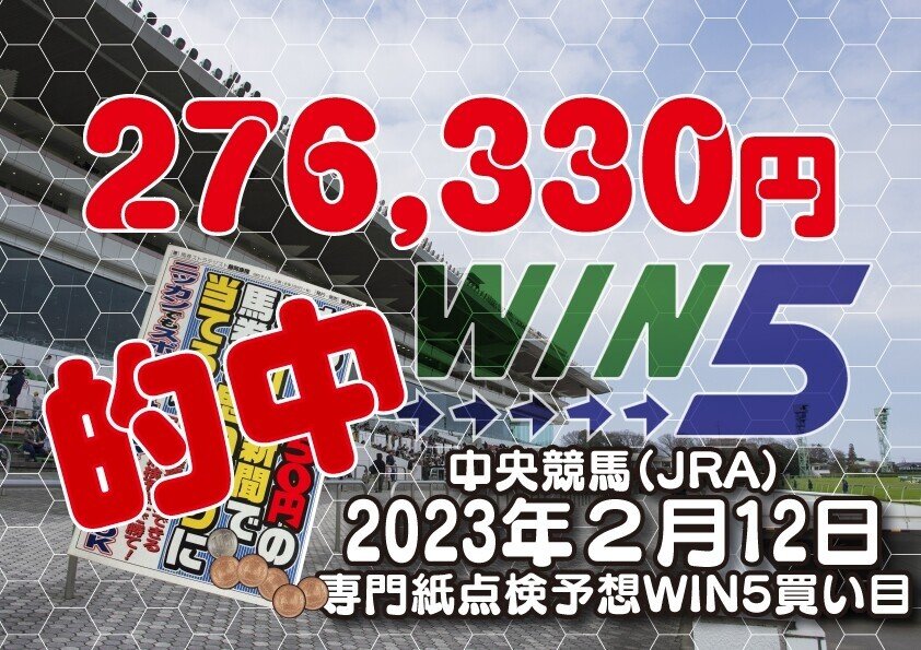 2023年2月12日のWIN5の予想、276,330円的中してました。 https://note.com/seriole/n/n5ecd18e1f24d 予想の『点数を広げた場合[買い目708 ...