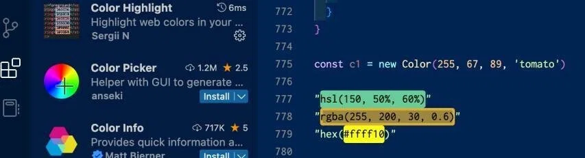 VScodeで JavaScriptのコード触っている時、カラーの設定でその実際の色をその場で確認できるツールがある。これは面白い。Color ...