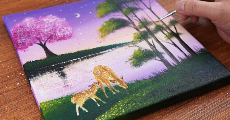 アクリル絵の具で「桜と鹿の親子」を描いてみた｜junya_art｜note